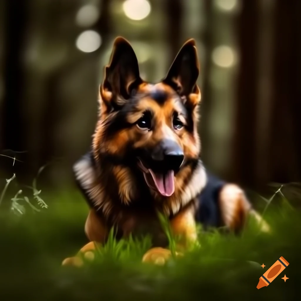 Close-up of a German shepherd laying in grass with dramatic lighting ...