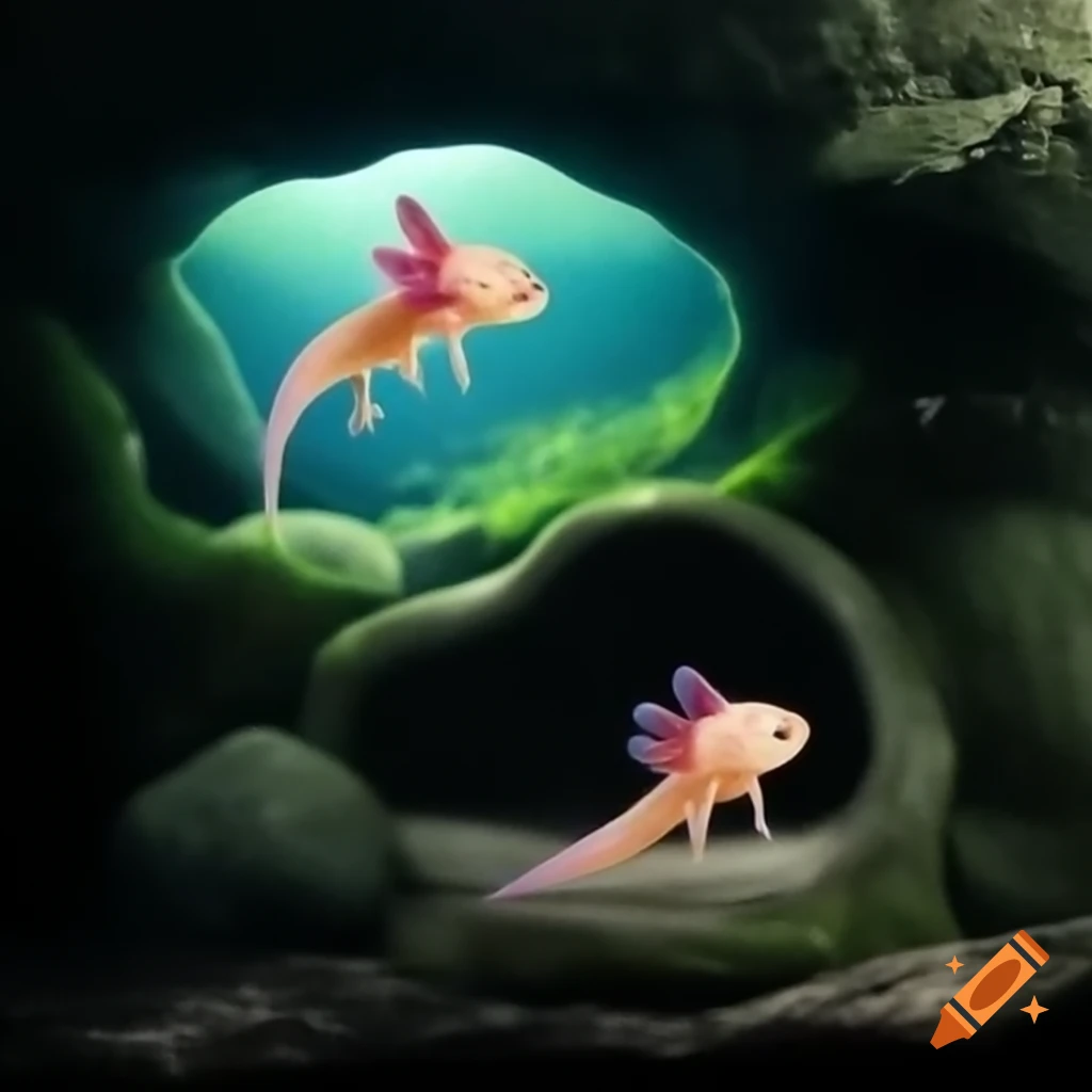 Couple of axolotls in a realistic lush cave with water on Craiyon