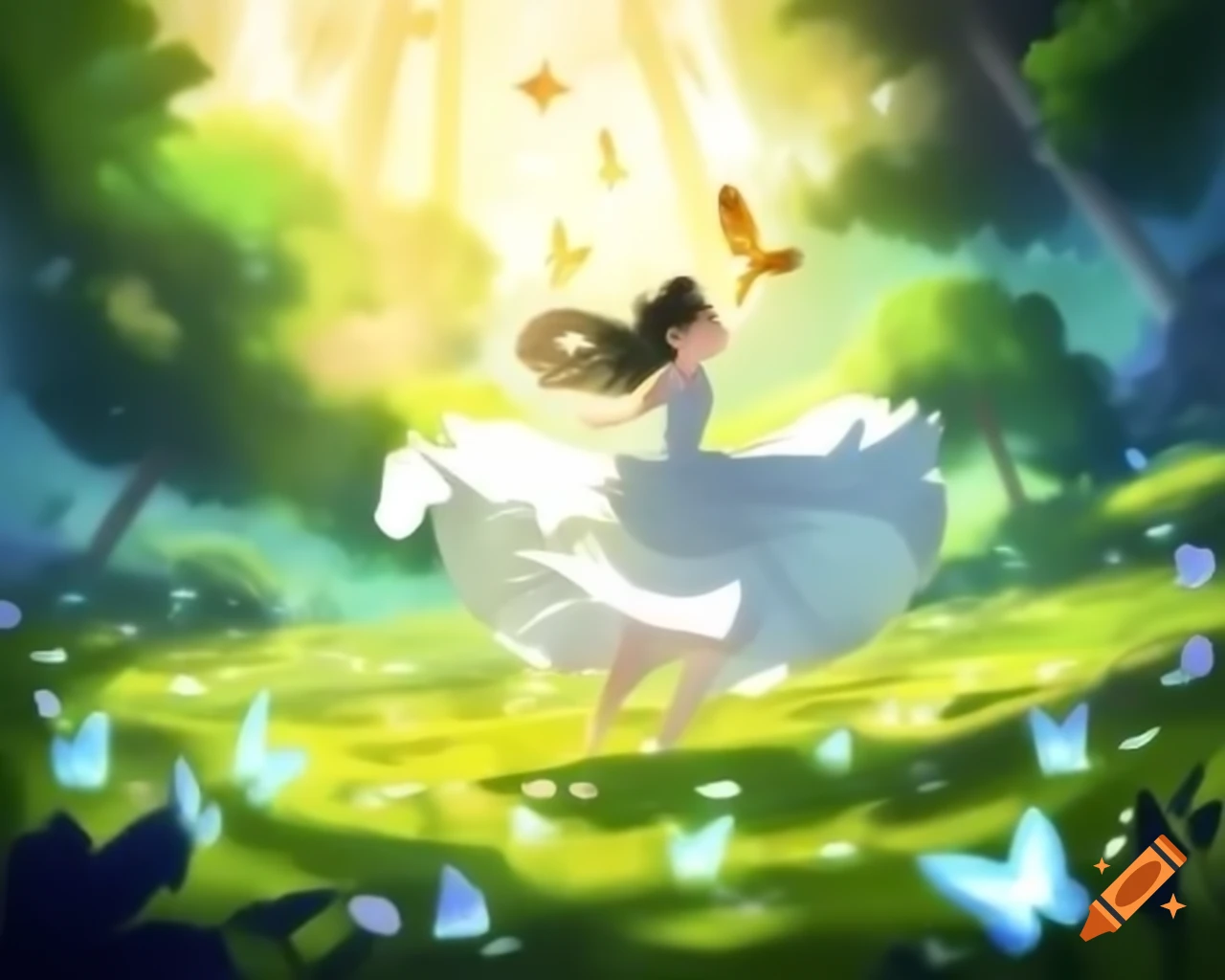 Hyper-realistic anime woman in enchanting realm with soft glow on Craiyon