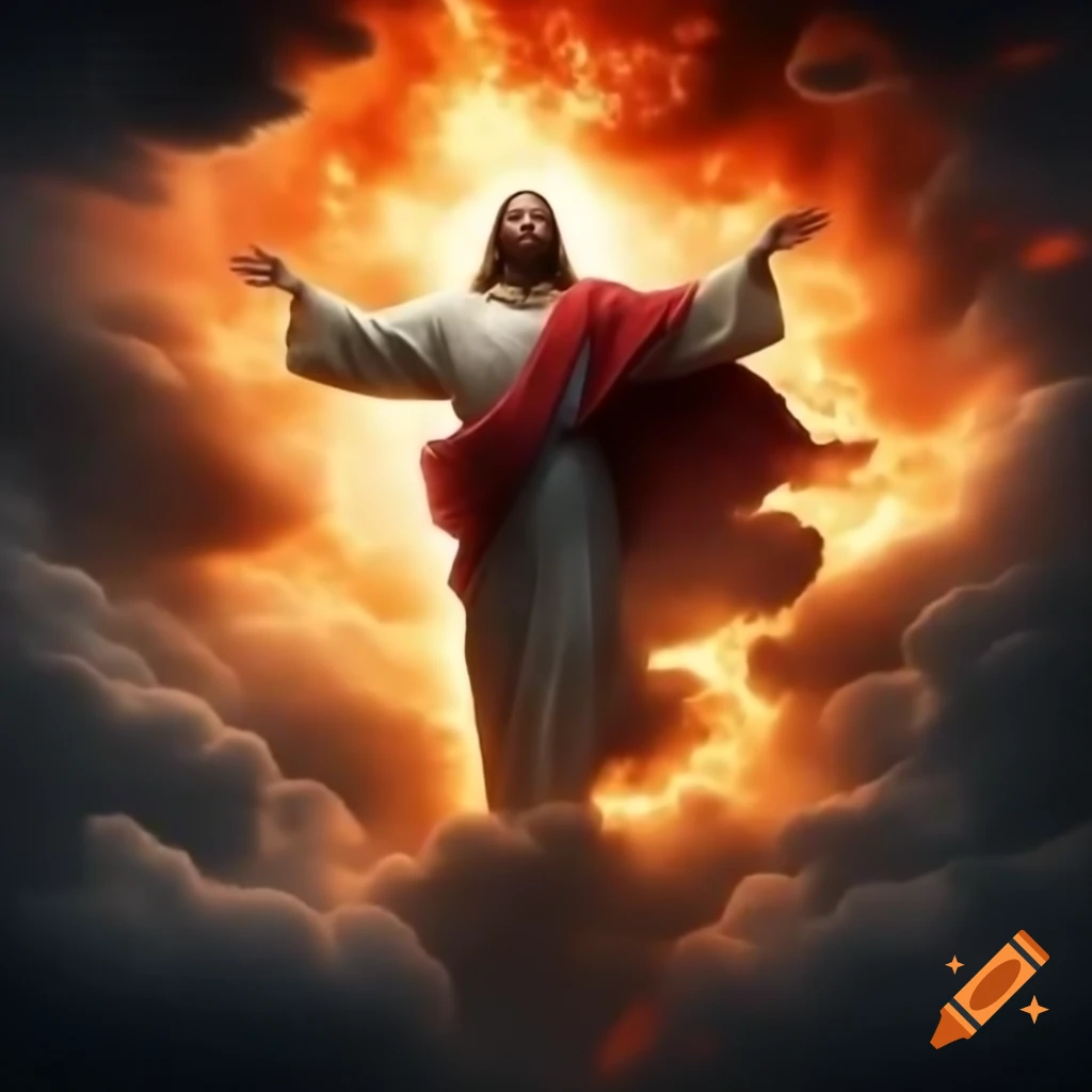 Religious depiction of jesus descending from clouds of fire on Craiyon
