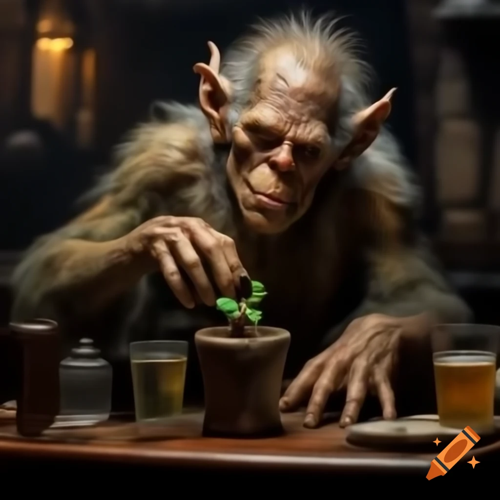 Ancient troll nurturing a tiny sapling in a dimly lit tavern on Craiyon
