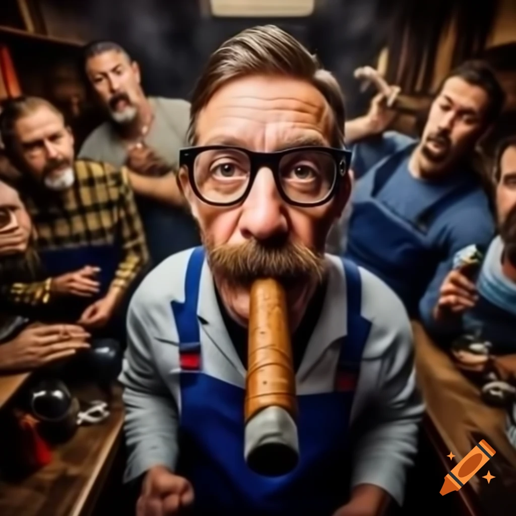 Muscular plumber with moustache smoking large cigar surrounded by ...