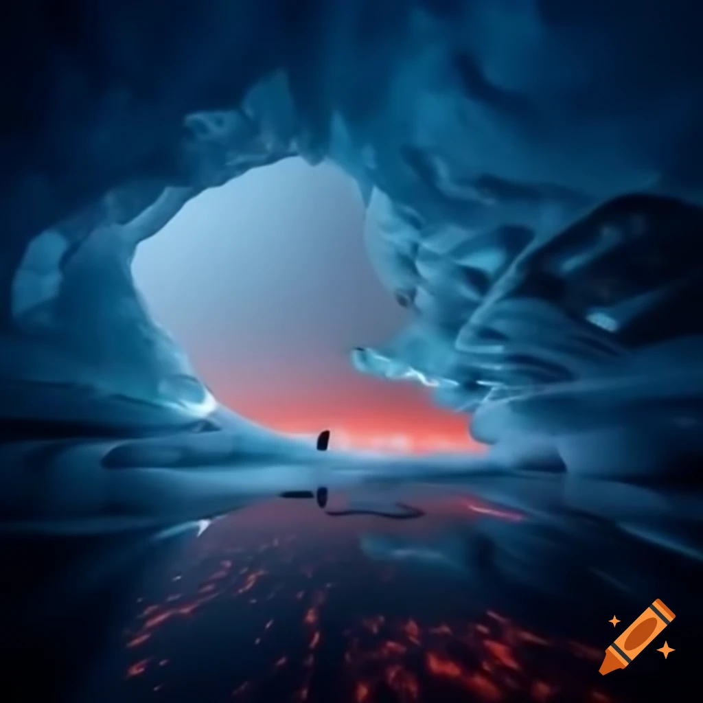 Group of pale albino people in ice cave with holographic human image ...