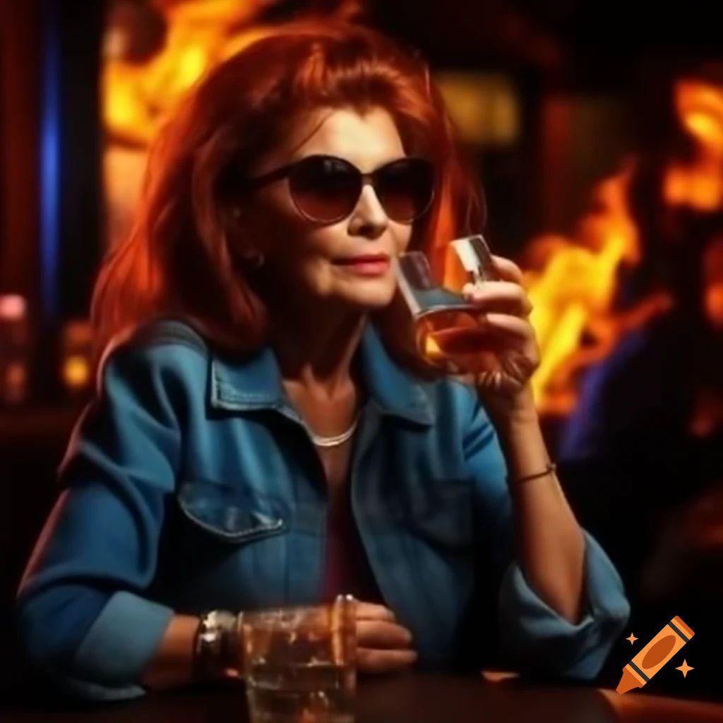 Seasoned woman in denim jacket holding whiskey in dimly lit bar on Craiyon