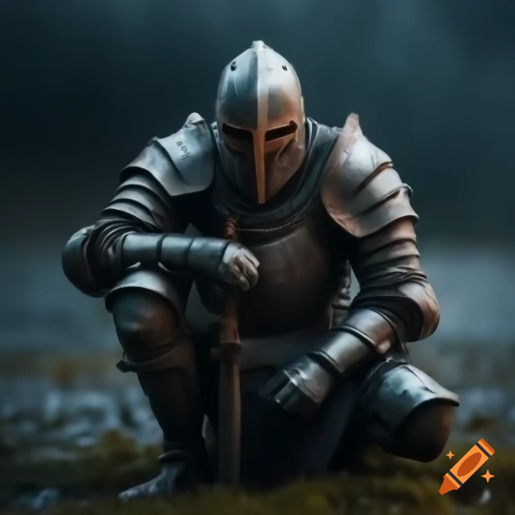 Lone knight in rain-soaked armor resting on damp ground on Craiyon