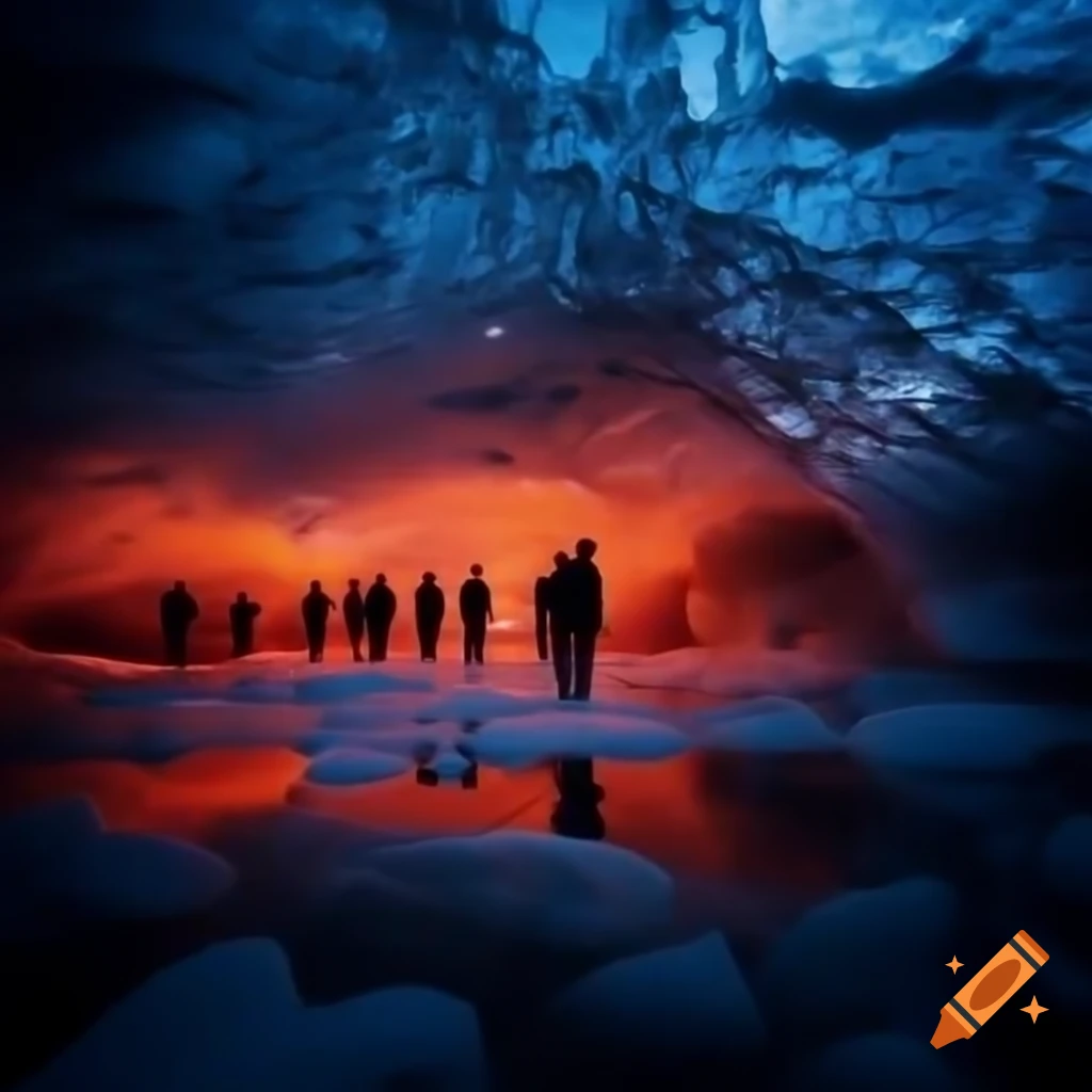 Inside ice cave with pale albino figures and holographic human in dim ...