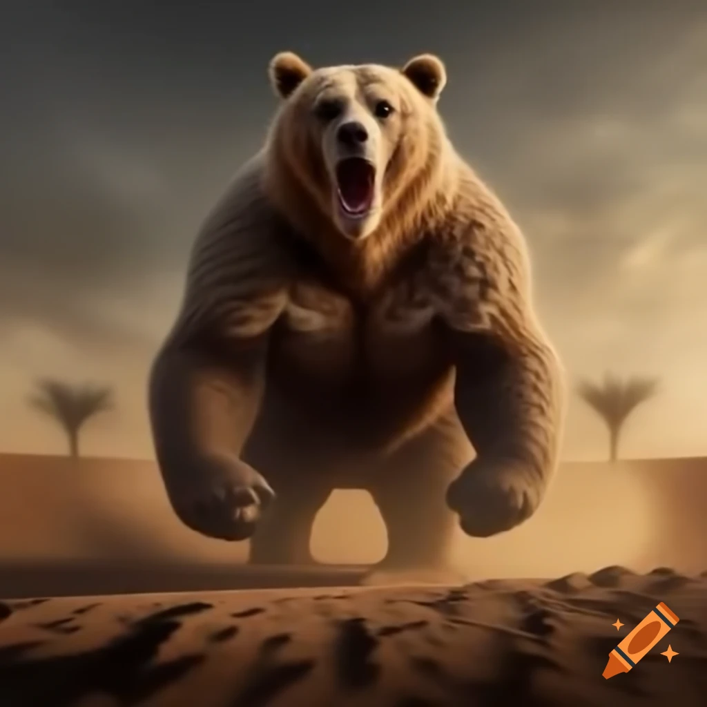 Muscular bear and towering ostrich facing off in barren desert setting on Craiyon