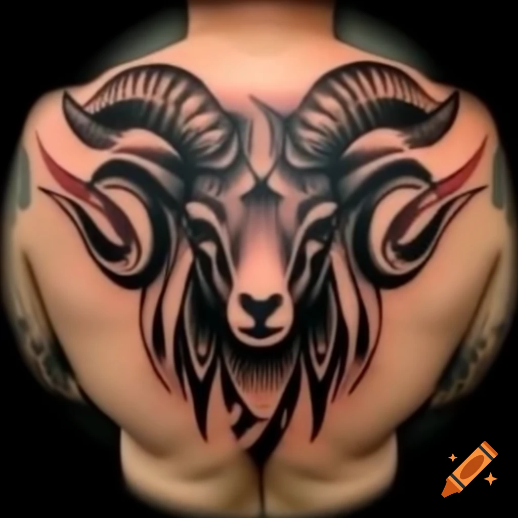 Hawaiian tribal tattoo of a majestic goat with curved horns, showcasing ...