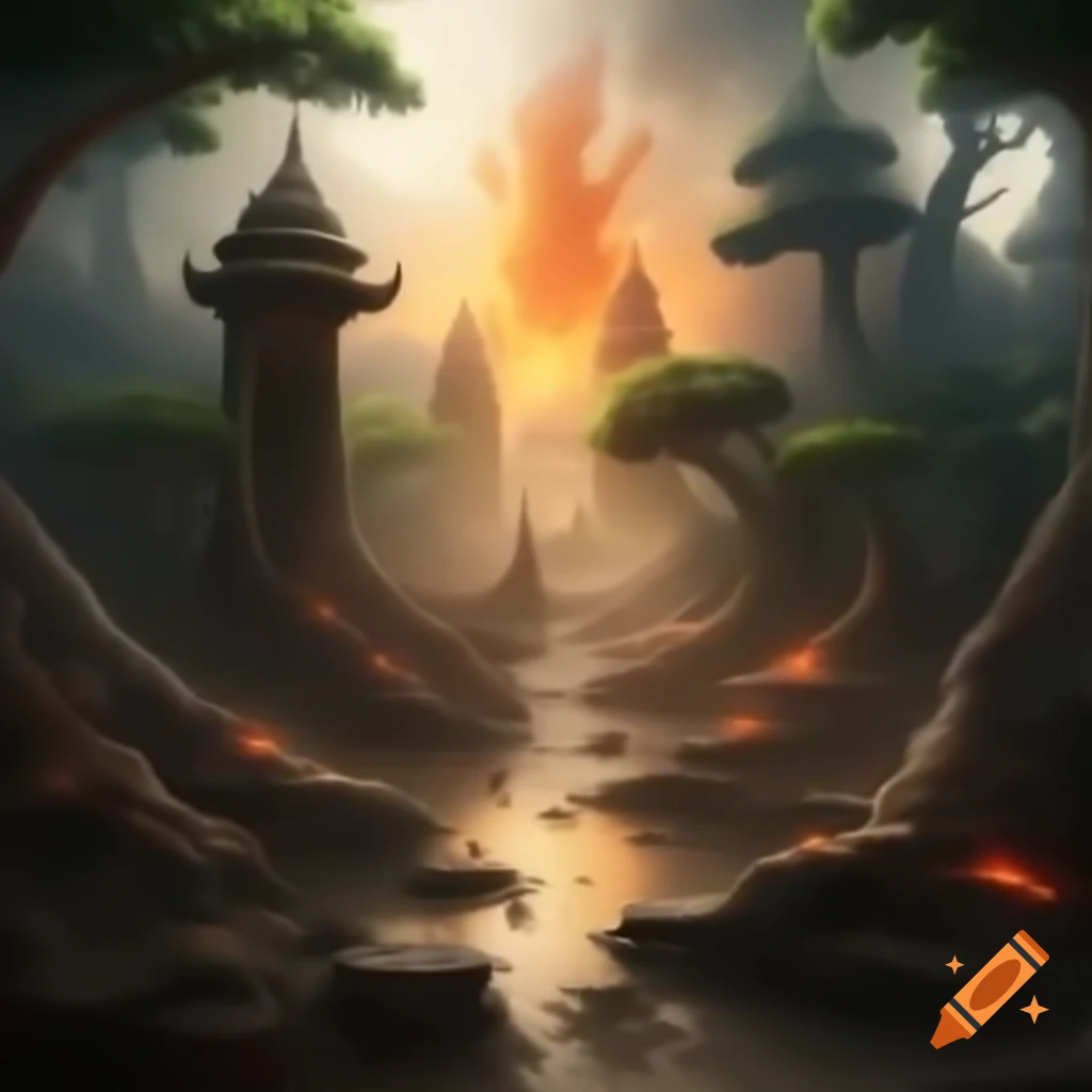 Grove featuring temples dedicated to elements: fire, air, water, earth ...