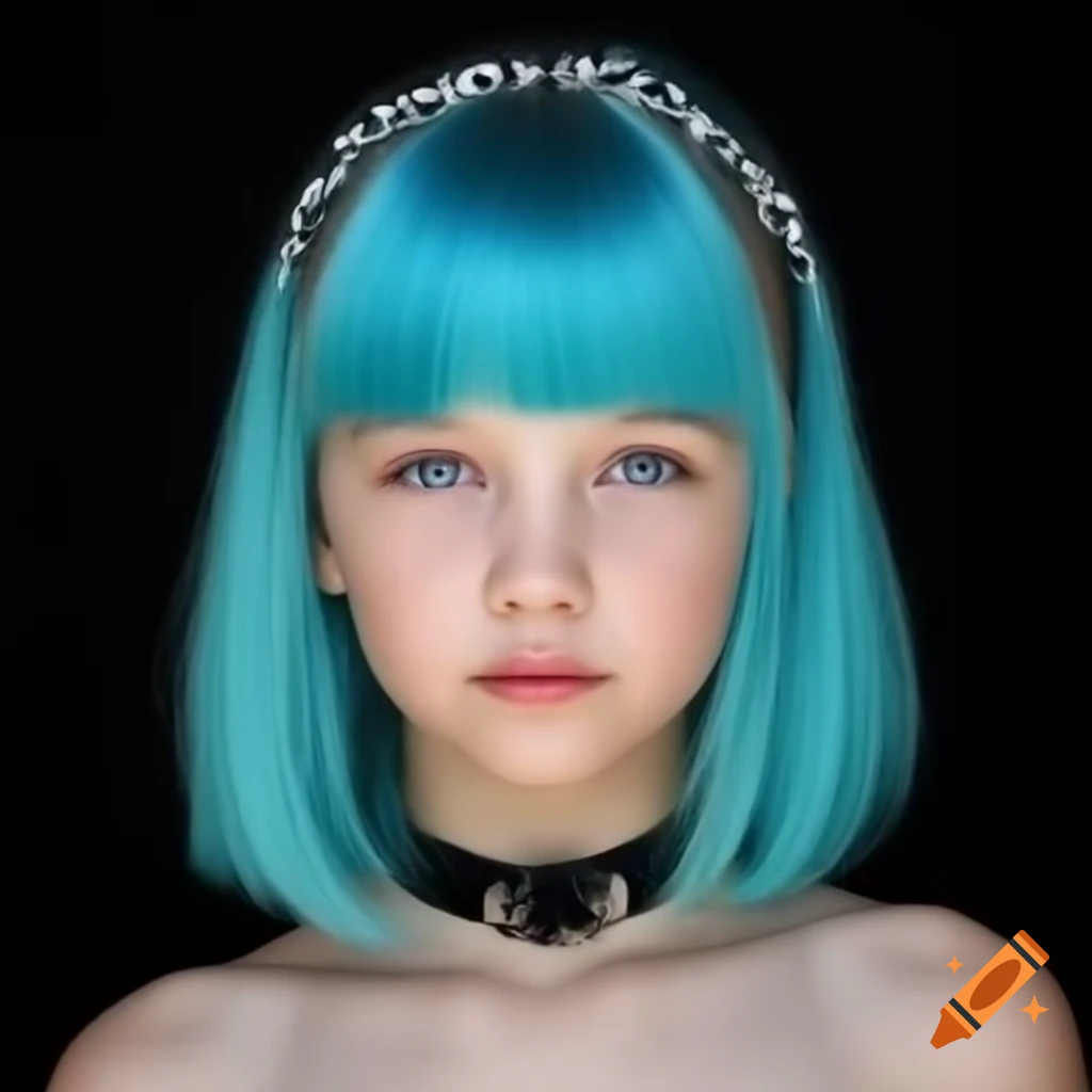 Girl with cyan hair and headband looking at camera against black ...