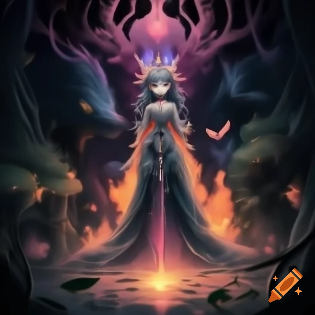 Anime demon princess in fire gown posing in swamp jungle on Craiyon