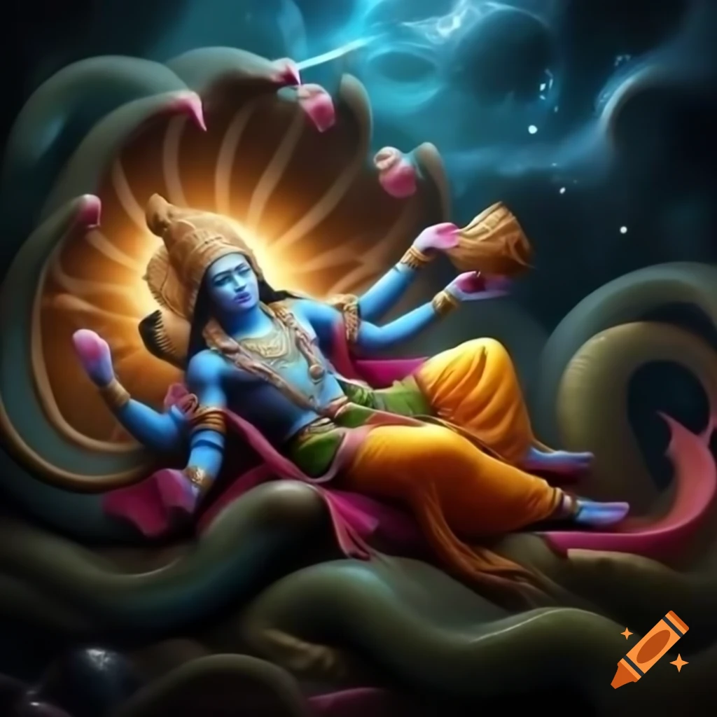 Lord vishnu reclining on serpent ananta shesha amidst galaxies and ...