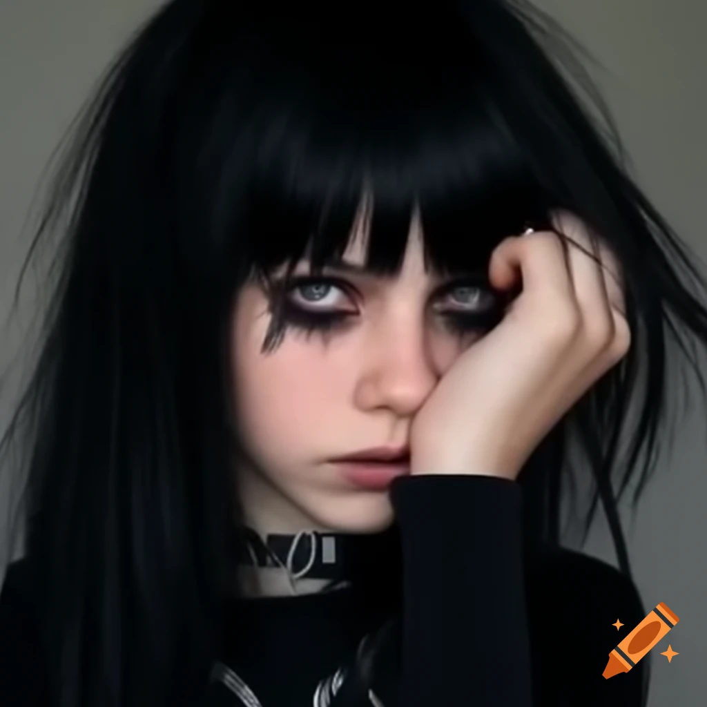 Emo girl with long black hair and fringe bangs on Craiyon