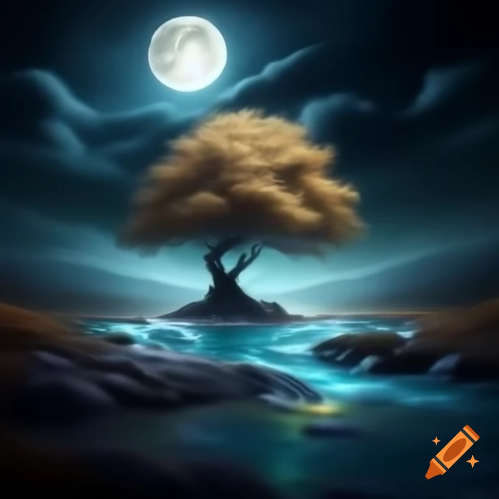 Tree glowing in moonlight beside a shimmering river on Craiyon