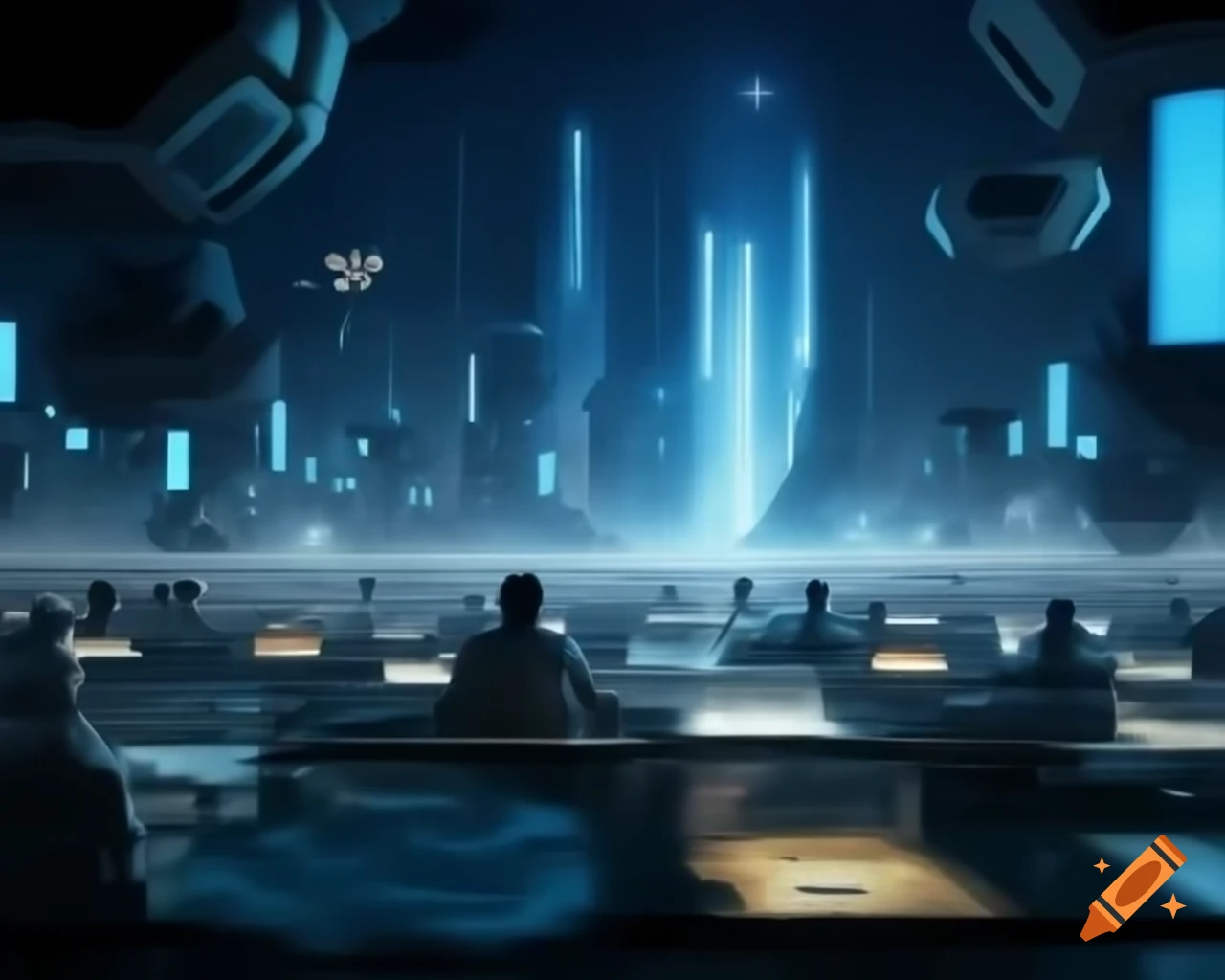 Futuristic city where people are disconnected, focused on cell phones ...
