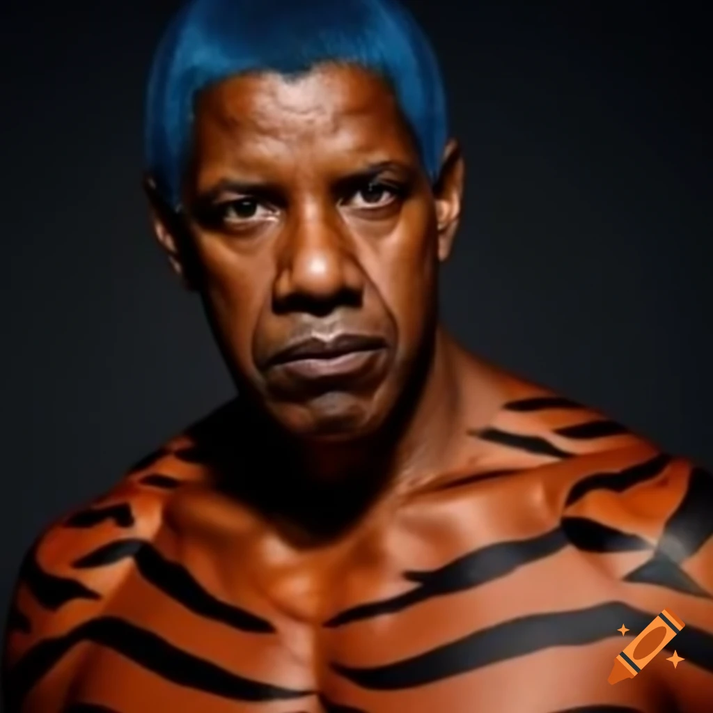 Muscular man with tiger-style makeup featuring blue hair, orange skin ...