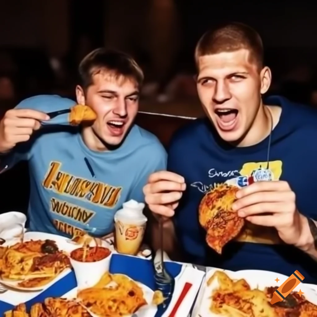 Luka doncic and nikola jokic enjoying food together on Craiyon