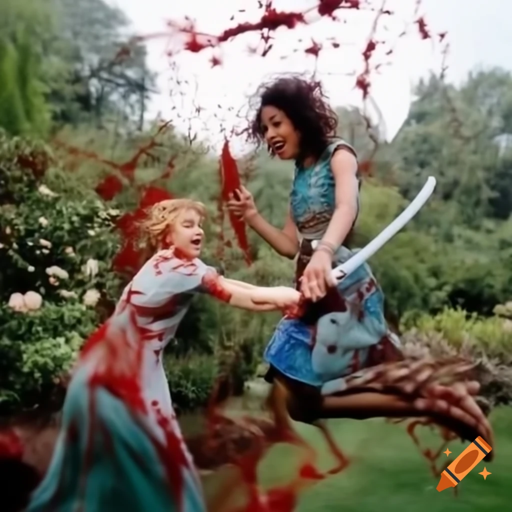 Summer garden scene with playful sword fight between woman and girl in ...