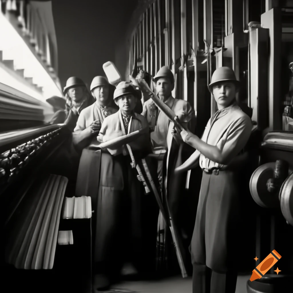 Workers preparing to use hammers on vintage textile machine from the ...