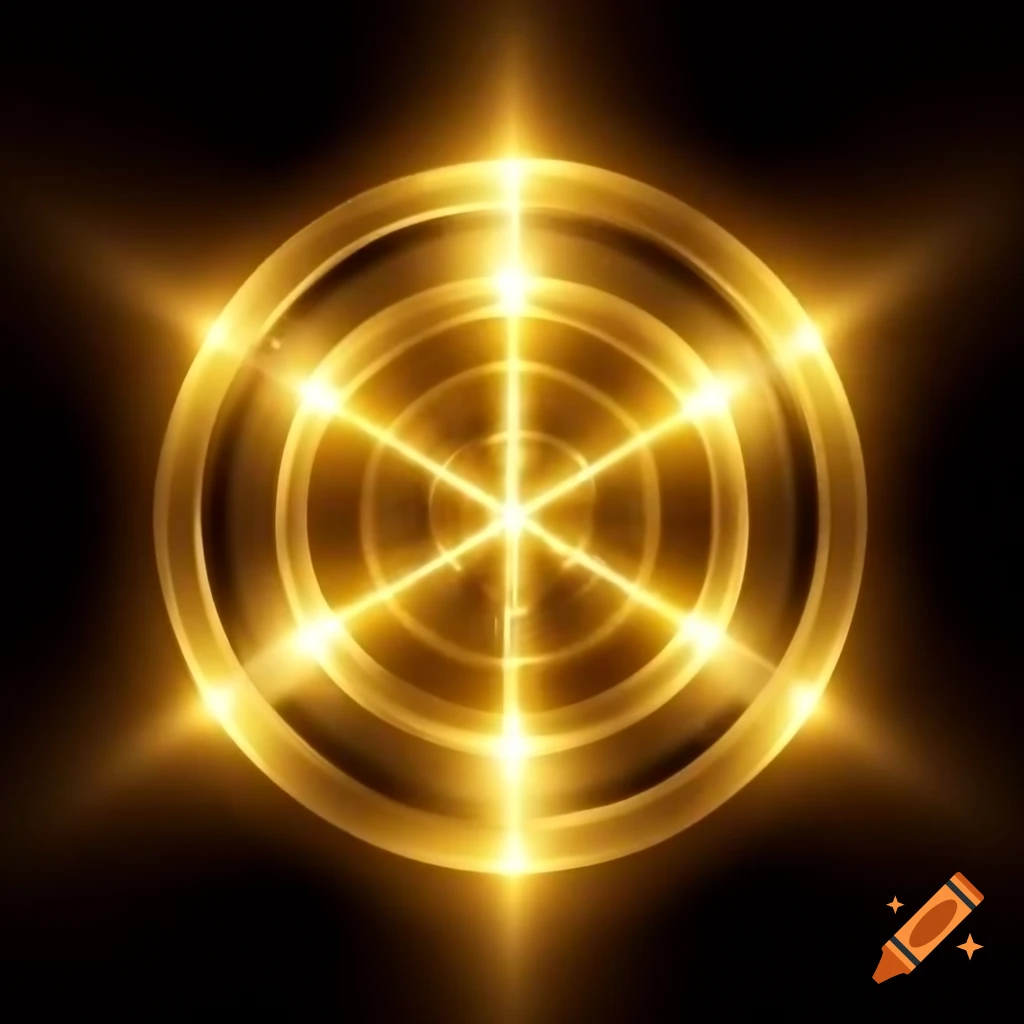 Golden spiral shape of light resembling ancient rune with rays ...