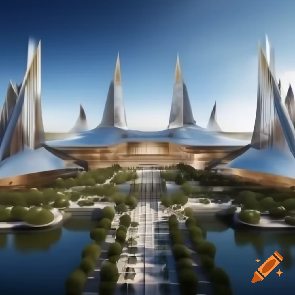 Futuristic luxurious palace design with multiple wings and vast gardens ...