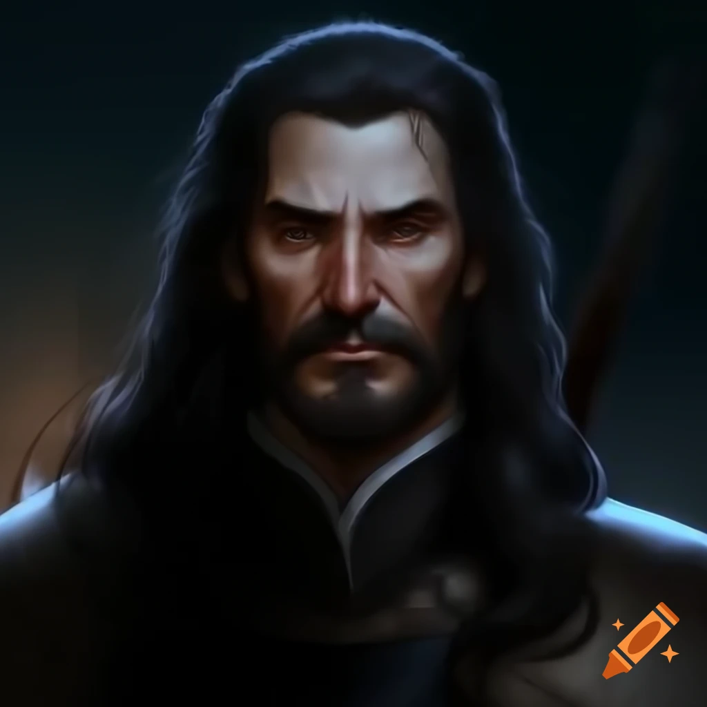 Handsome middle-aged man with long dark hair holding a broadsword on ...