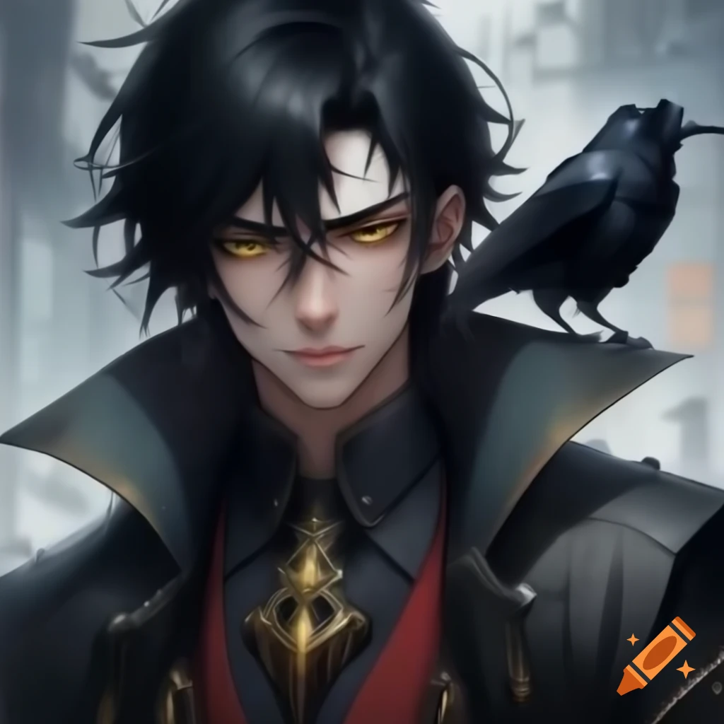 Anime character with black hair and yellow eyes in European long coat ...