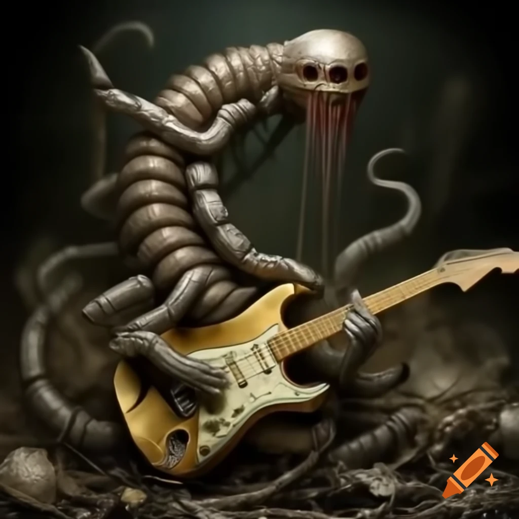 Monstrous metallic worm playing heavy metal music on golden ...