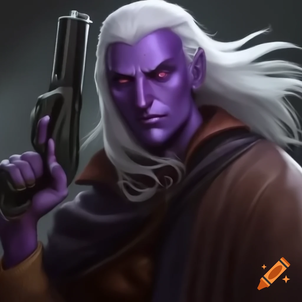 Brooding drow gunslinger with revolver and missing arm in purple robes ...