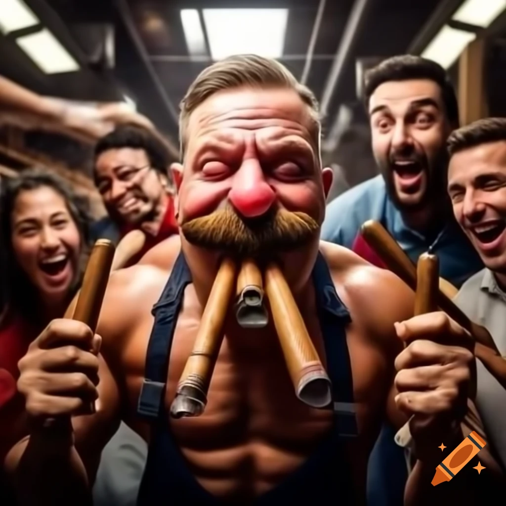 Muscular plumber with moustache and cigars, surrounded by laughing ...