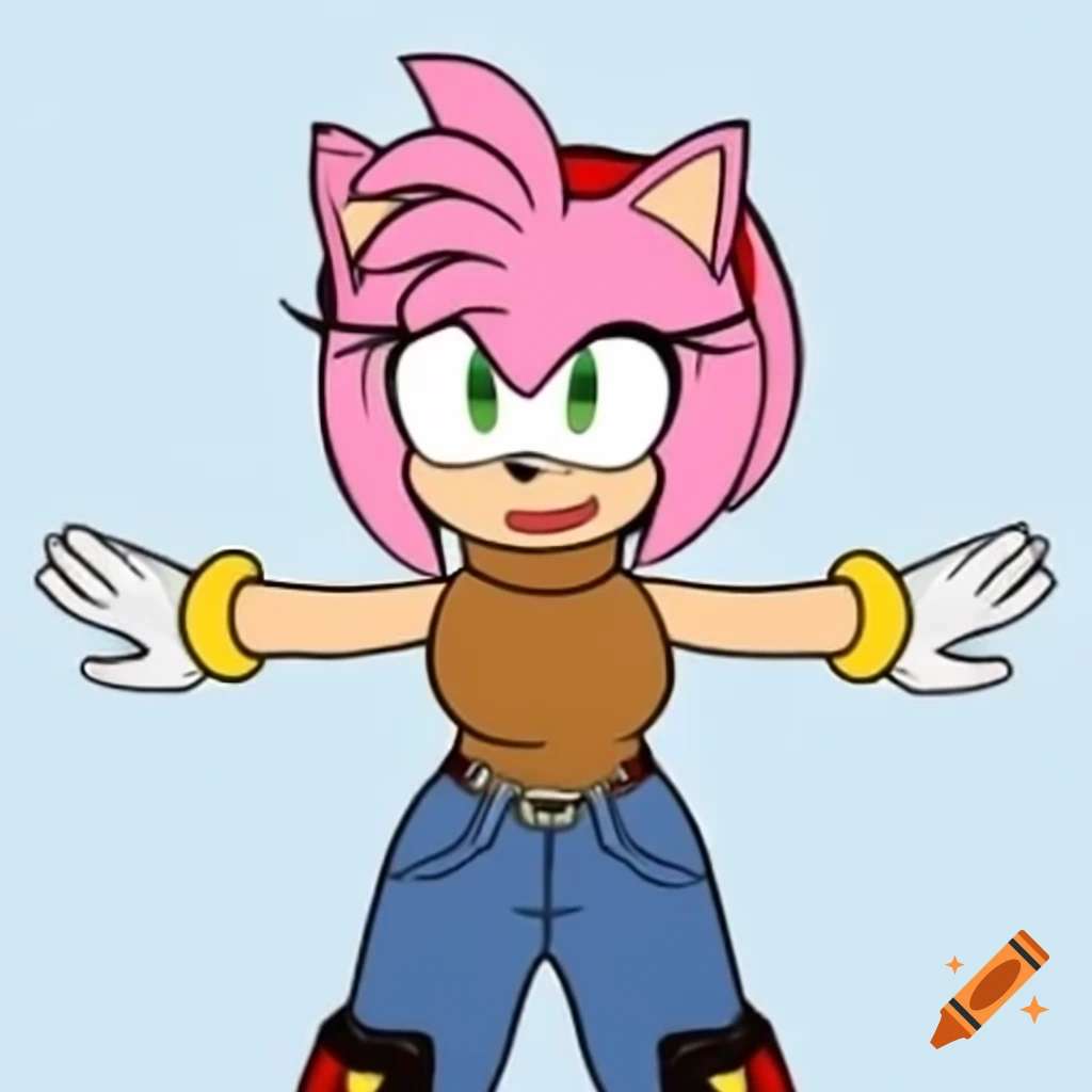 Amy rose in sleeveless tan turtleneck and blue jeans laughing with arms ...