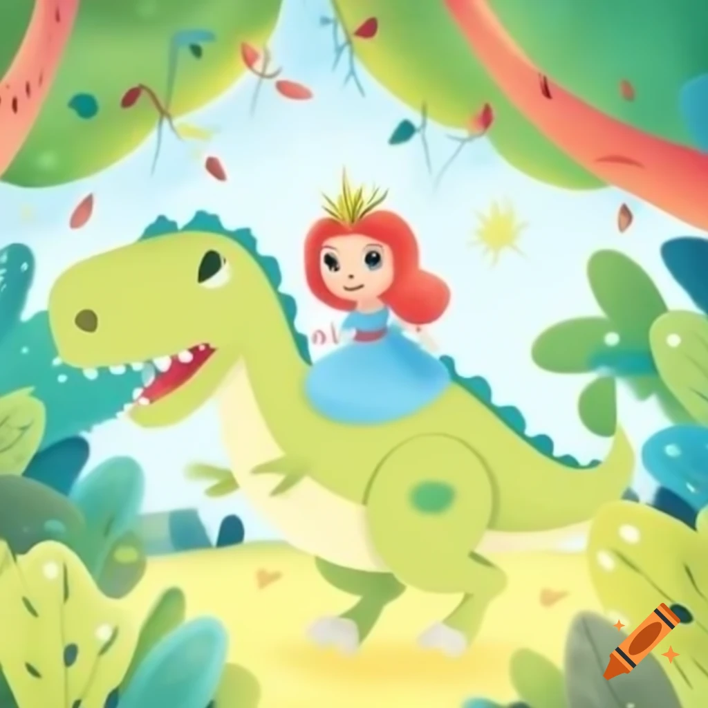 Whimsical illustration of a joyful princess riding a T-Rex in a ...