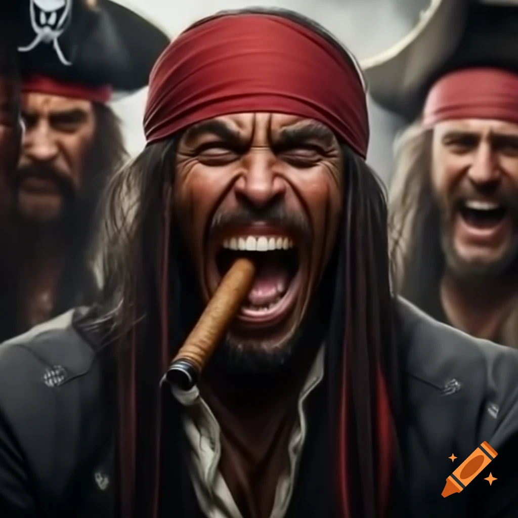 Group of laughing pirates with captain holding a cigar on Craiyon