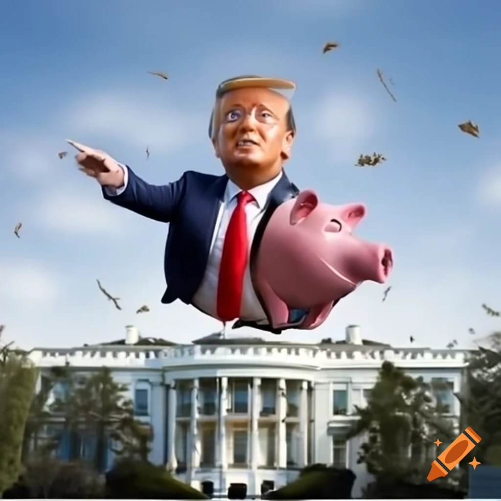 Political satire of Donald Trump as a cracked piggy bank flying over ...