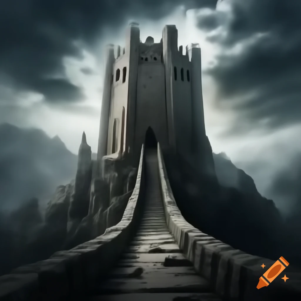 Colossal medieval stone tower reaching sky, detailed realistic artwork ...