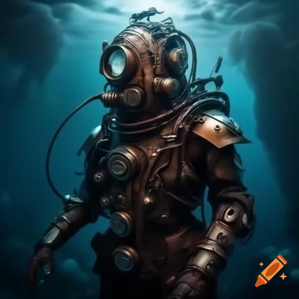 Steampunk diver exploring ocean depths with handcrafted diving suit on ...