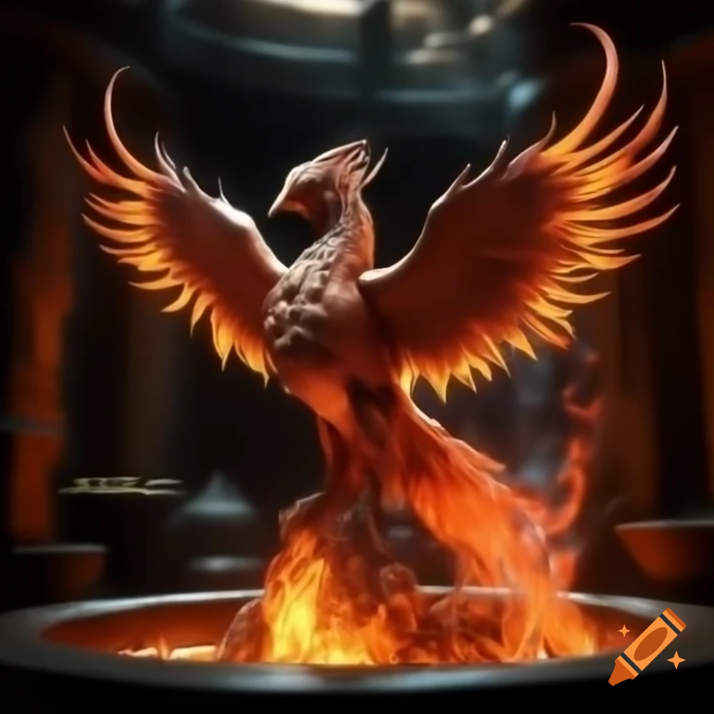 Phoenix sculpture rising from molten metal in a dimly lit forge on Craiyon