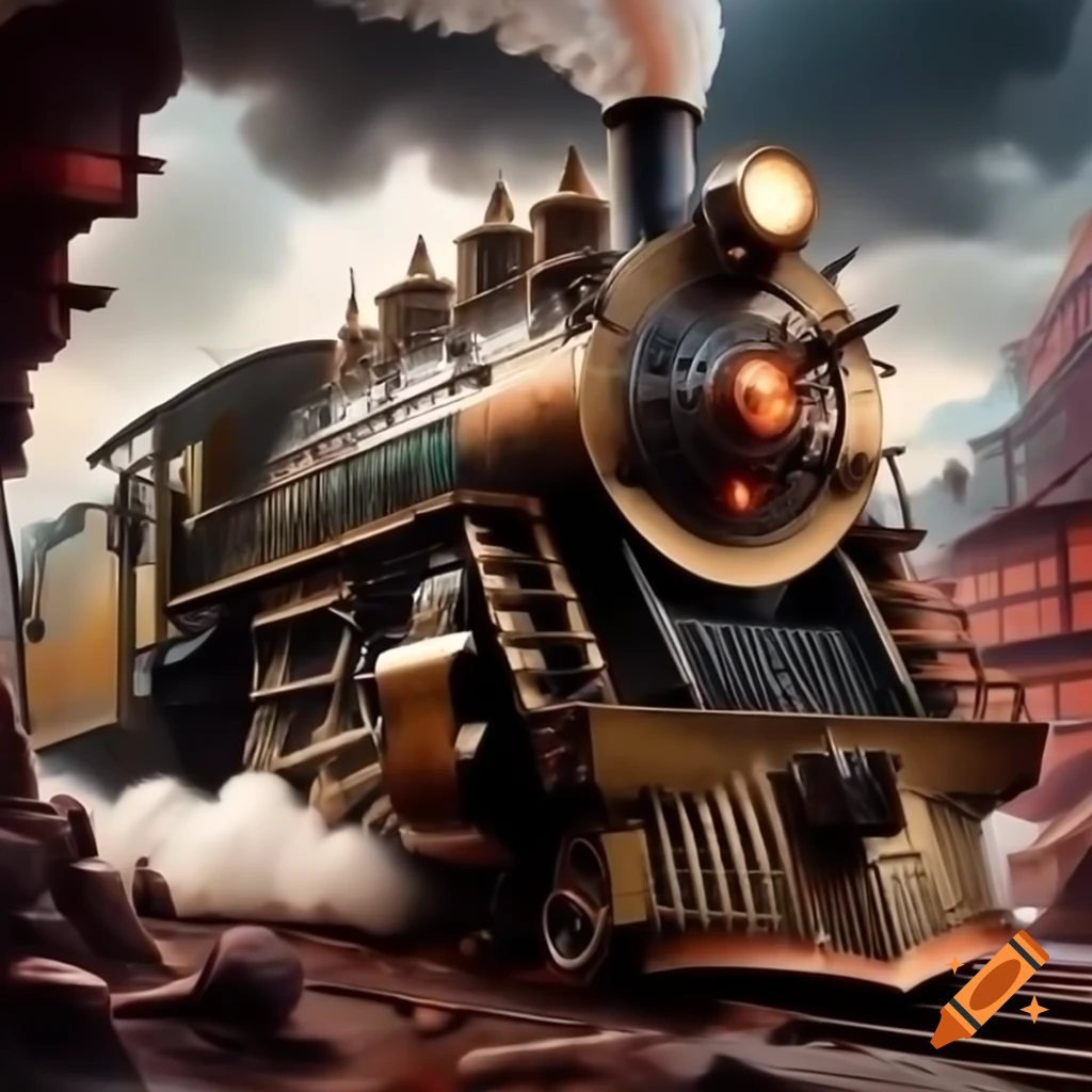 Colossal steampunk locomotive with polished brass and copper, emitting ...