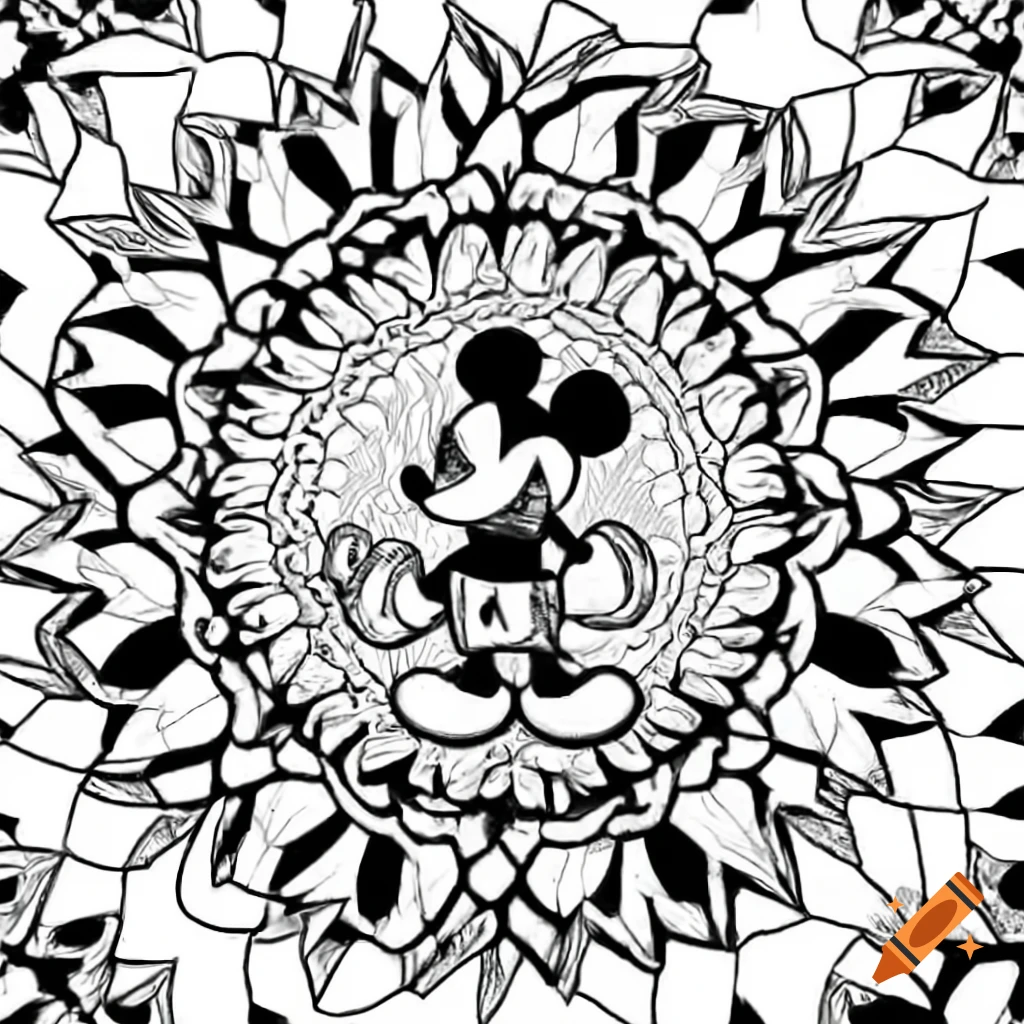 Intricate black and white mickey mouse mandala with detailed shapes on ...