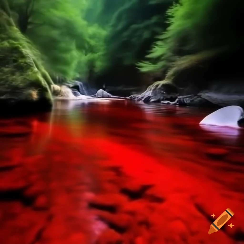 Red river with striking red water in portrait orientation on Craiyon