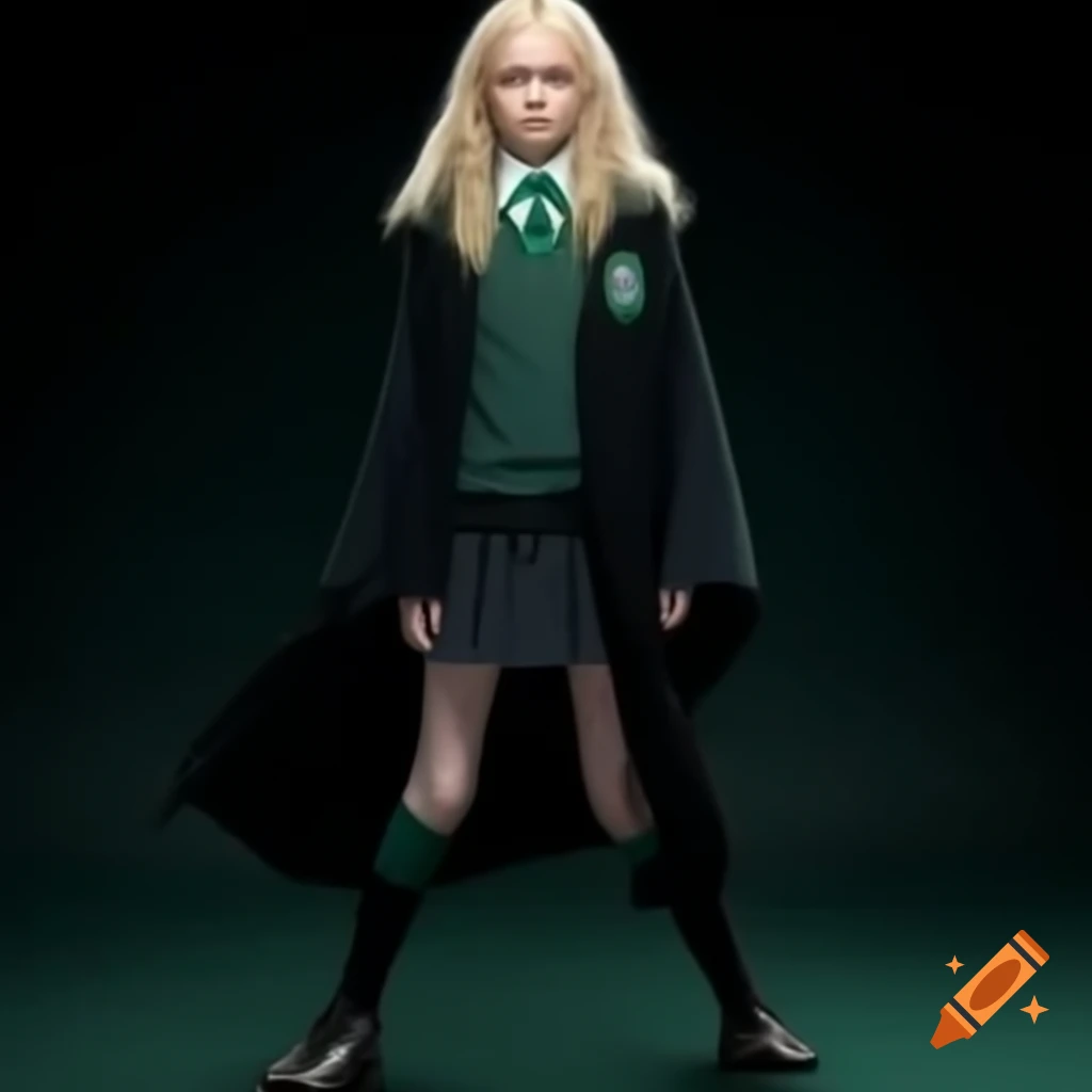 Dominant character in Slytherin attire with wand on Craiyon