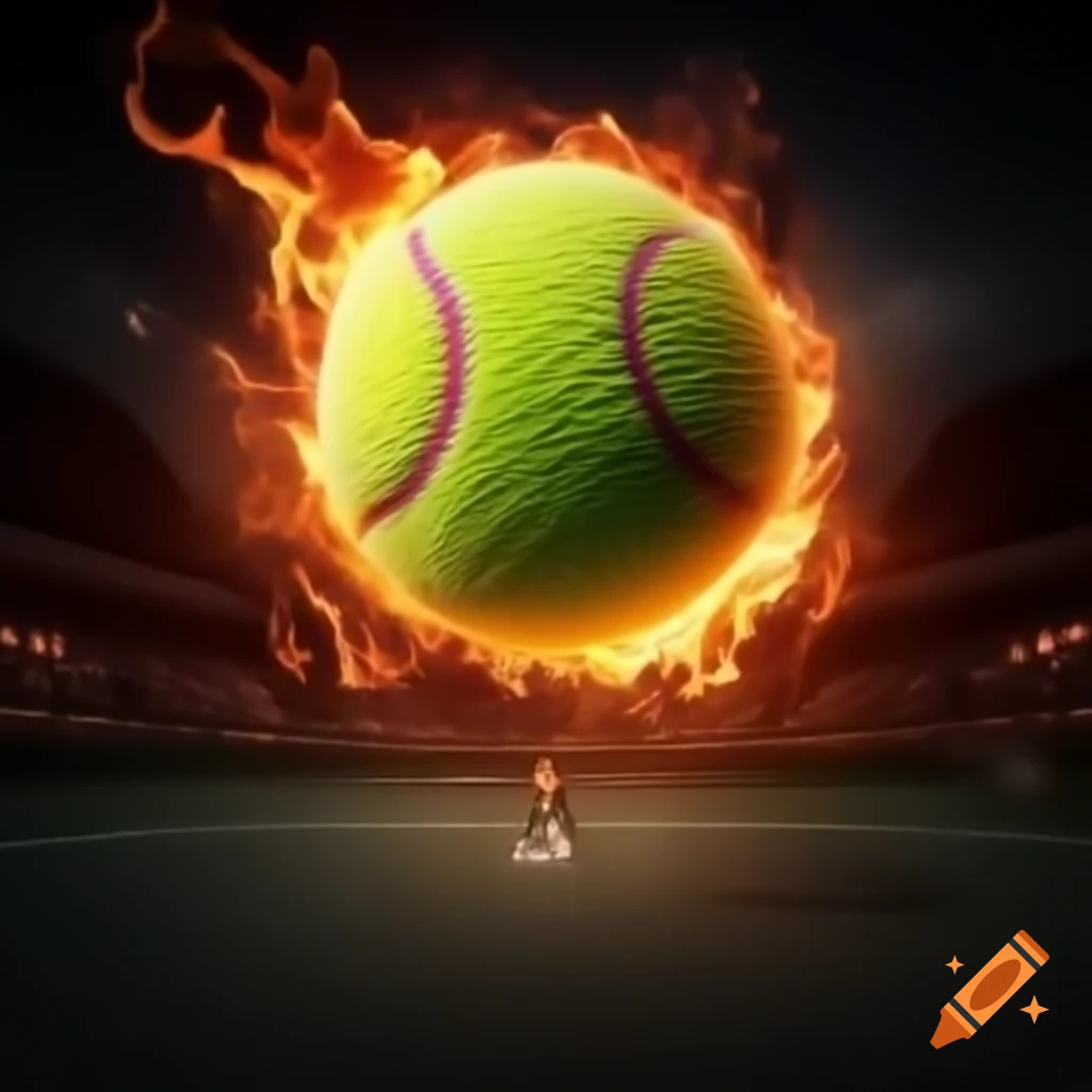 Tennis ball flying through flames in hyperrealistic HD on Craiyon