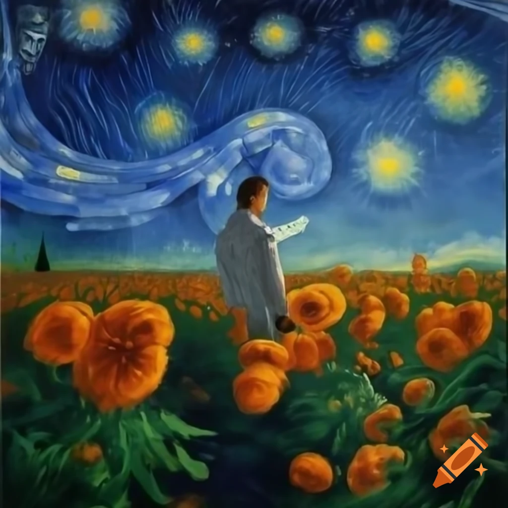 Vincent van Gogh painting 'Starry Night' under a starry sky on Craiyon