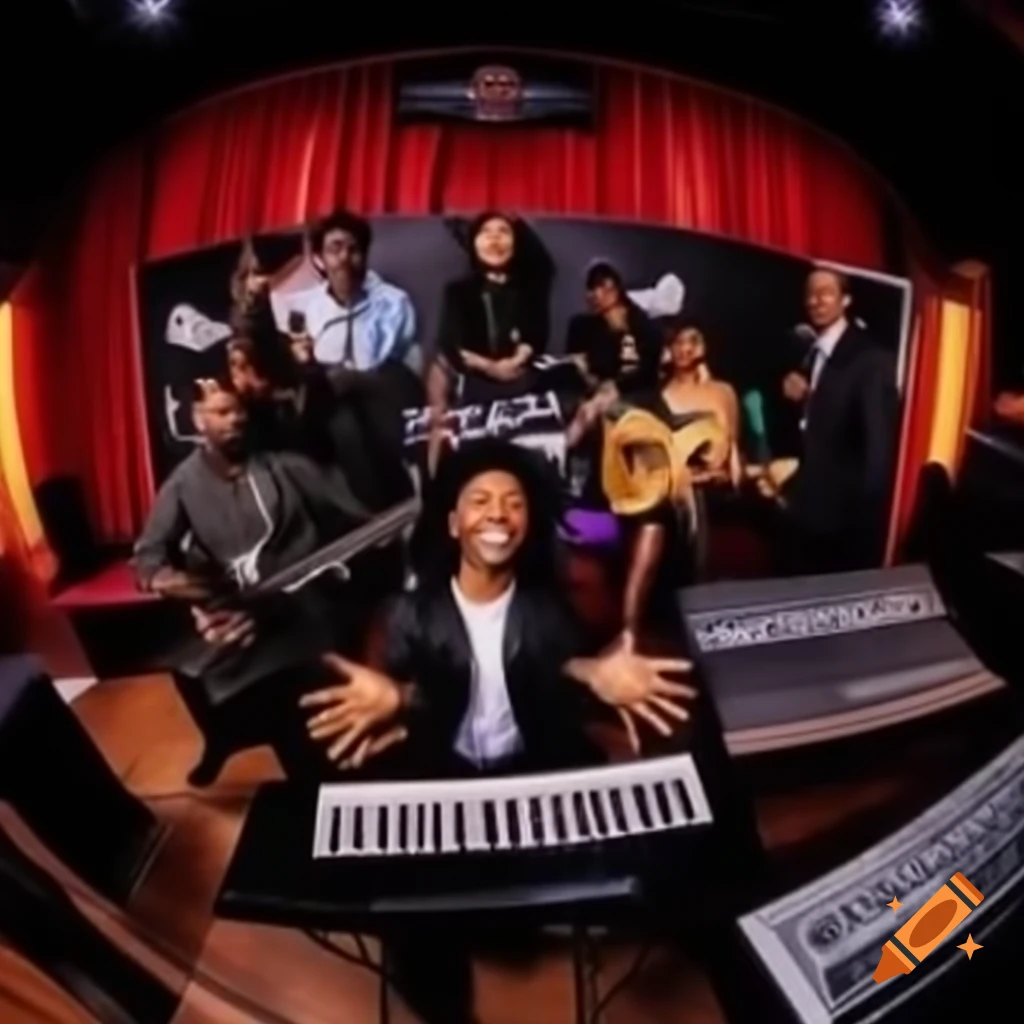 Talented black band of eight musicians performing in vibrant recording ...