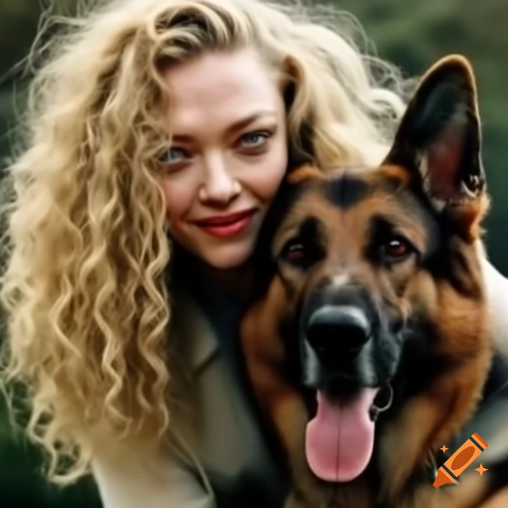 Amanda Seyfried with curly blonde hair playing with German shepherd dog on Craiyon