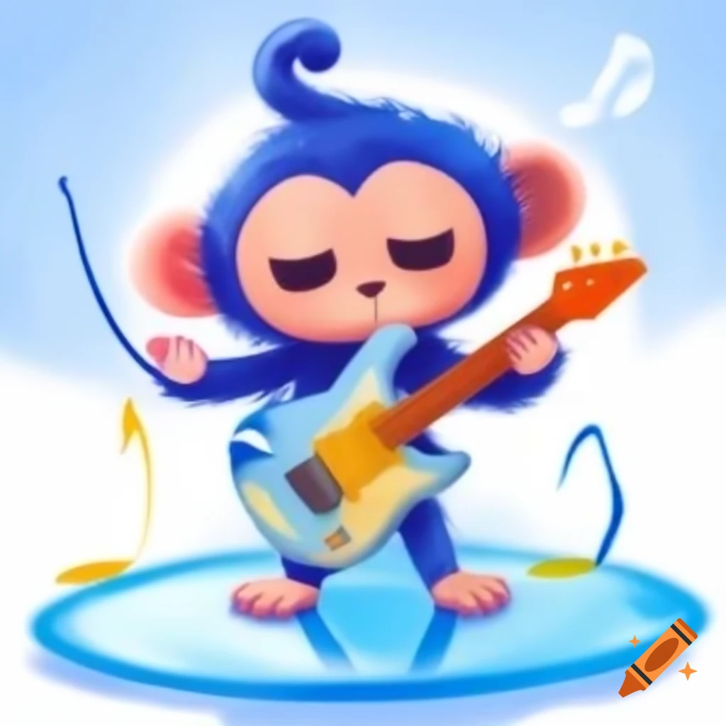 Mischievous monkey playing blue guitar with joyful expression on Craiyon
