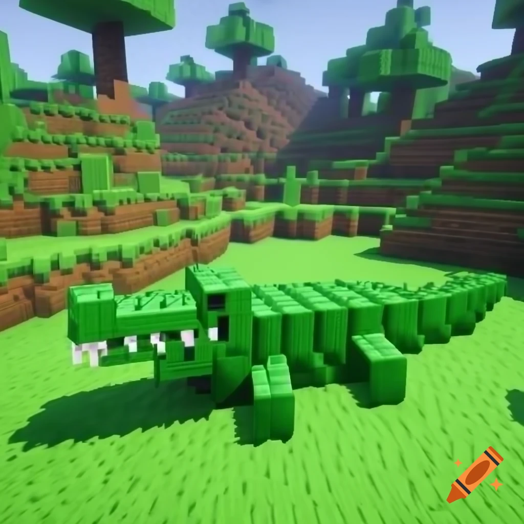 Digital crocodile in minecraft-style pixels basking in colorful blocky ...