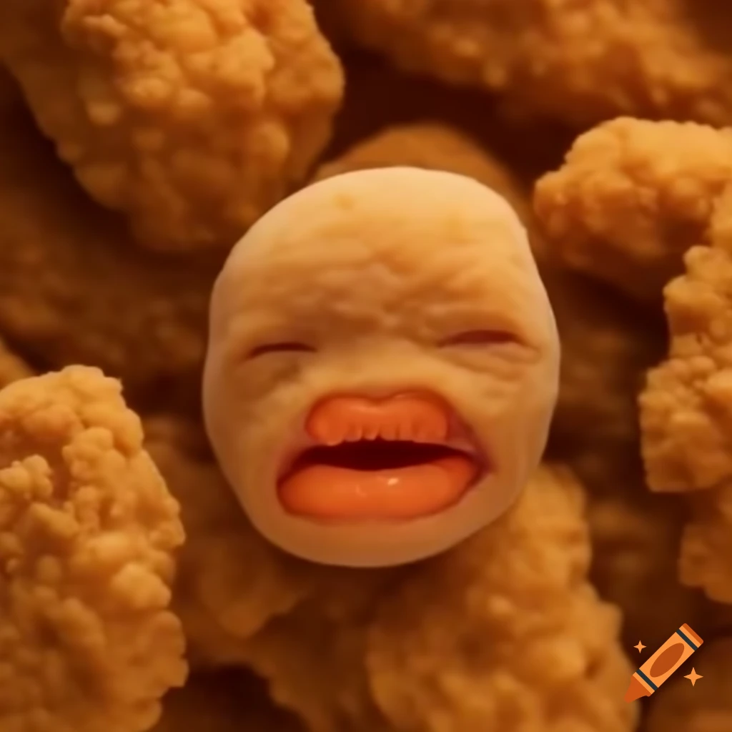 Close-up of a chicken nugget shaped like a baby face on Craiyon