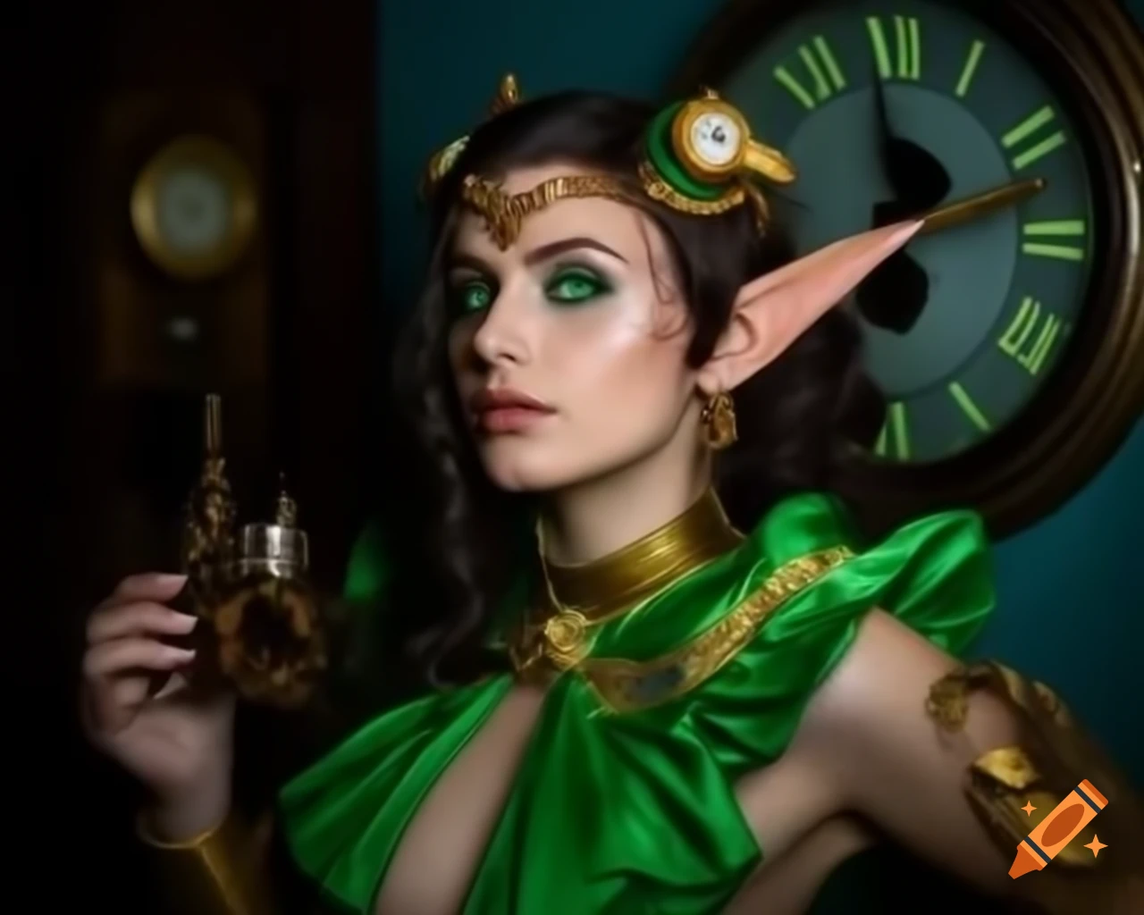Detailed steampunk art of elf queen Nissa with clock background on Craiyon