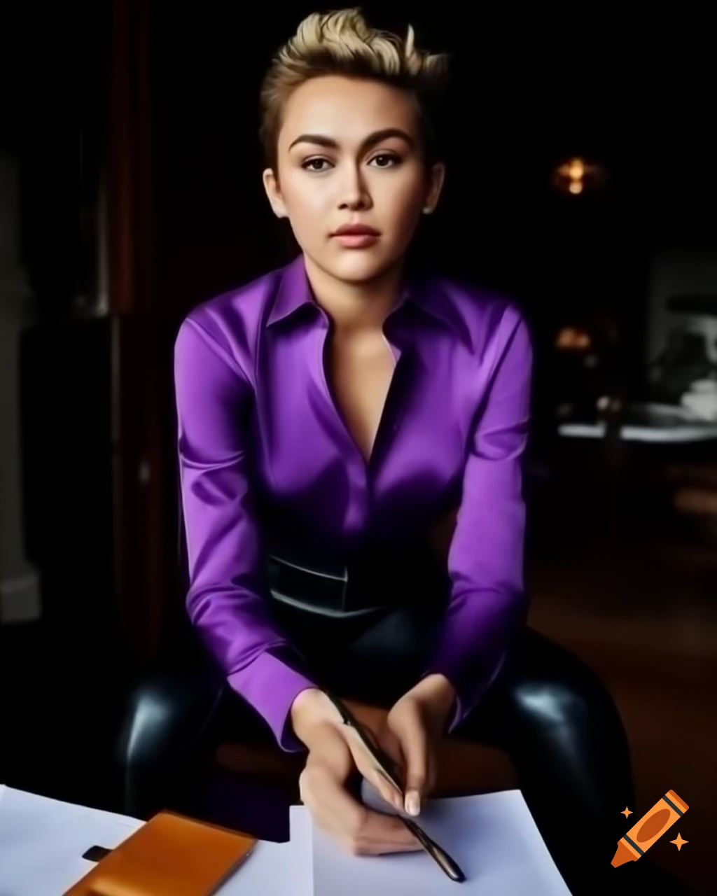 Miley Cyrus portrait in purple silk shirt and black leather trousers ...